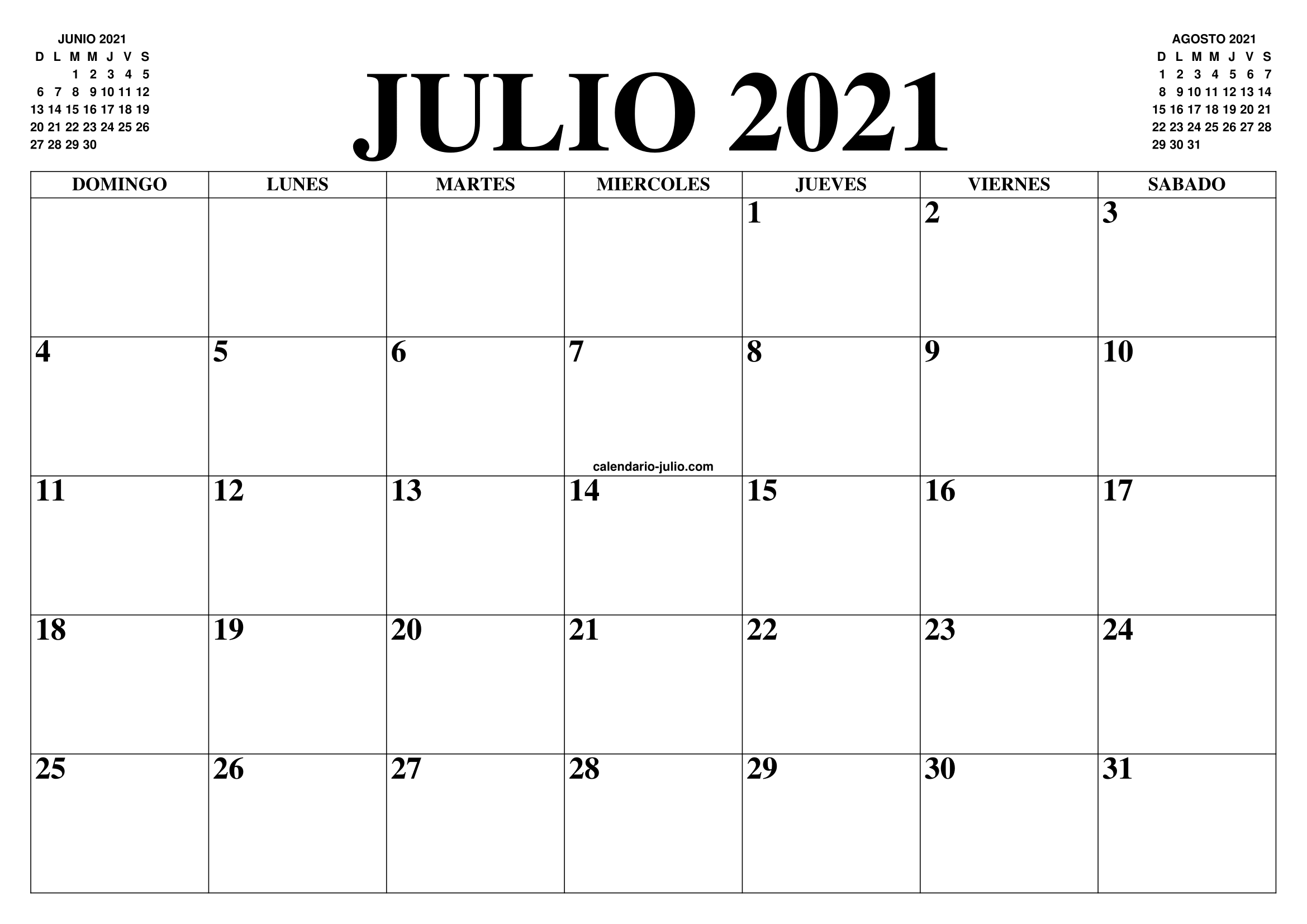 CALENDARIO JULIO 2021 : EL CALENDARIO JULIO PARA IMPRIMIR GRATIS - MES Y ANO AGENDA